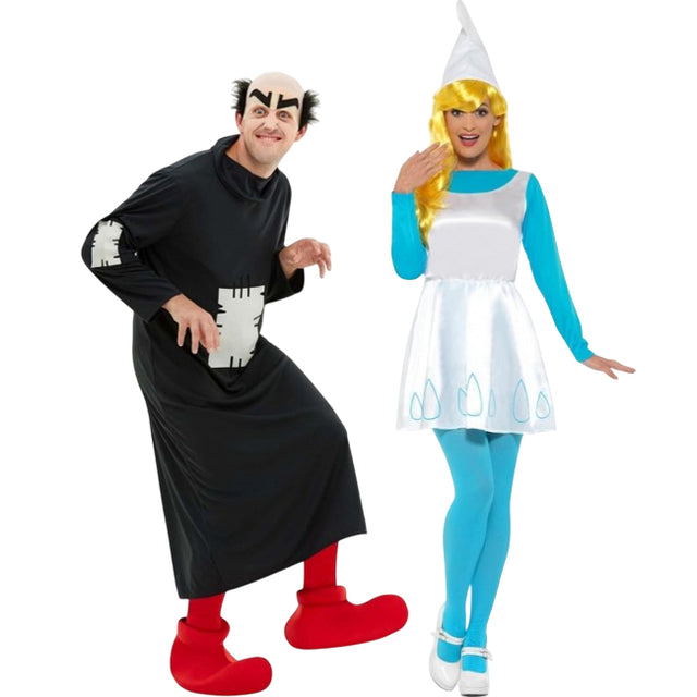 Disfraz de pareja Gargamel y Pitufina para adulto